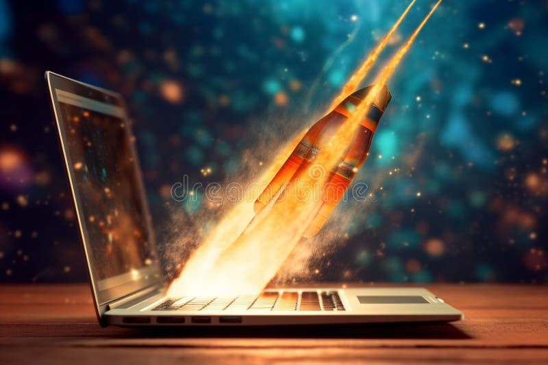 Rocket Launching Out of a Laptop, Symbolizing the Power of Digital ...