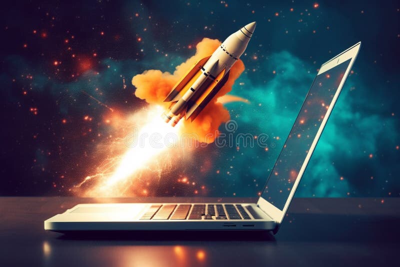 Rocket Launching Out of a Laptop, Symbolizing the Power of Digital ...