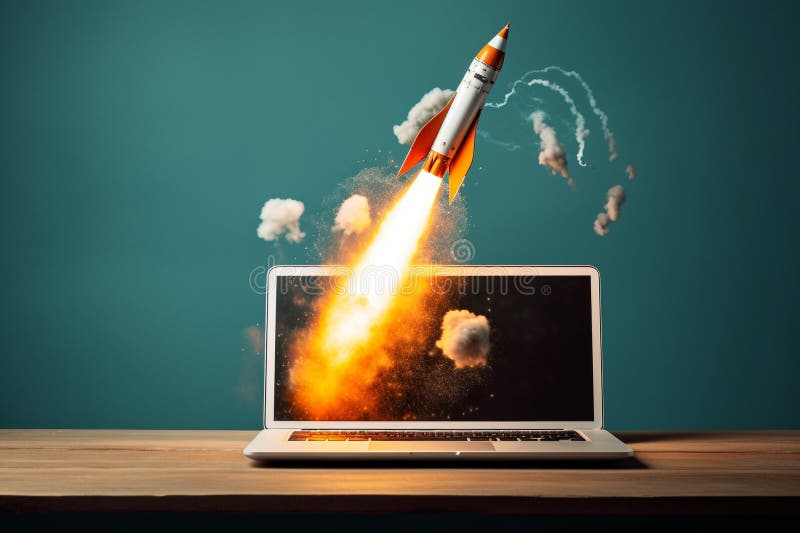 Rocket Launching Out of a Laptop, Symbolizing the Power of Digital ...