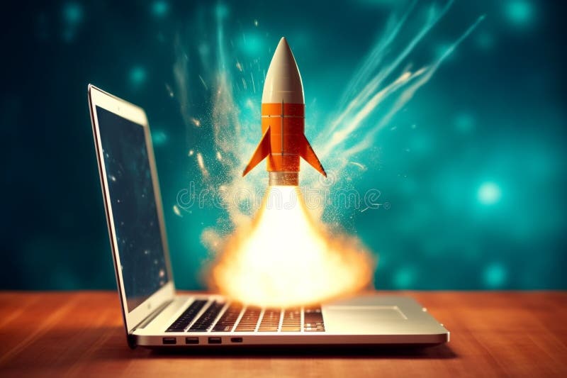 Rocket Launching Out of a Laptop, Symbolizing the Power of Digital ...