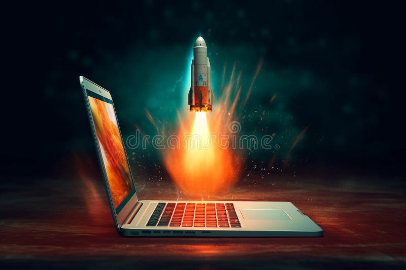 Rocket Launching Out of a Laptop, Symbolizing the Power of Digital ...