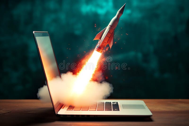 Rocket Launching Out of a Laptop, Symbolizing the Power of Digital ...