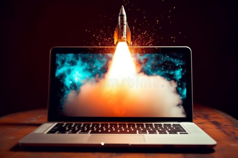 Rocket Launching Out of a Laptop, Symbolizing the Power of Digital ...