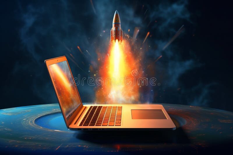 Rocket Launching Out of a Laptop, Symbolizing the Power of Digital ...
