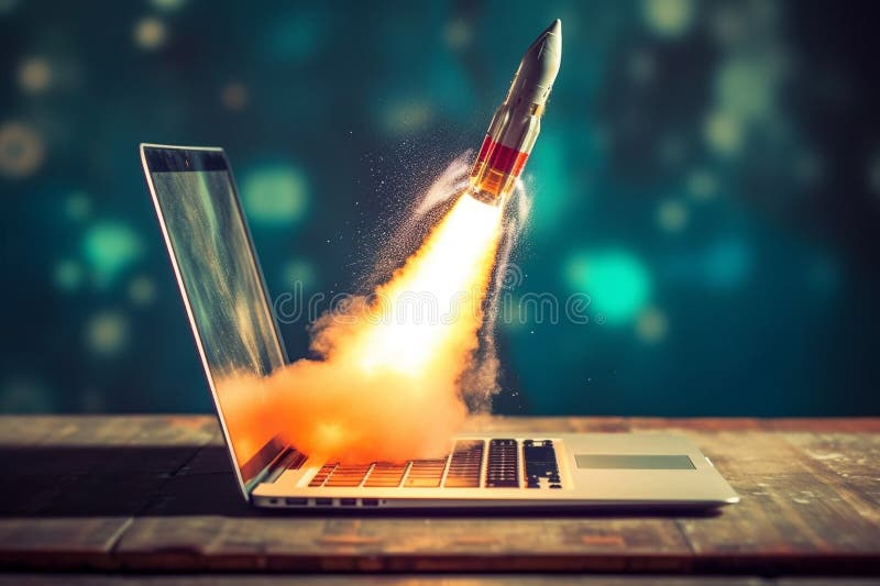 Rocket Launching Out of a Laptop, Symbolizing the Power of Digital ...