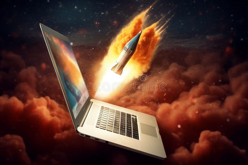 Rocket Launching Out of a Laptop, Symbolizing the Power of Digital ...