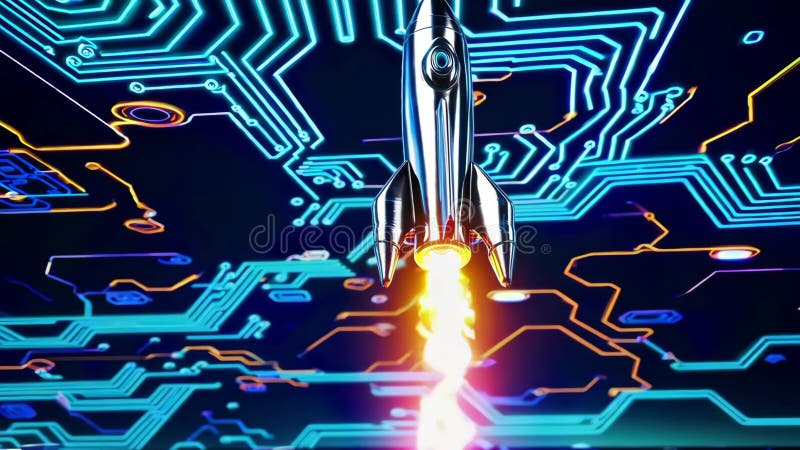 Rocket Launching Over Circuit Board Technology Scene Footage Stock ...