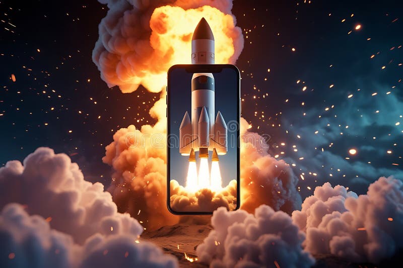 Rocket Launching from Phone: Mobile App Blastoff! Stock Illustration ...