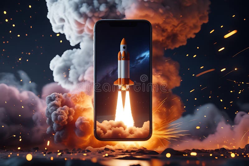 Rocket Launching from Phone: Mobile App Blastoff! Stock Illustration ...
