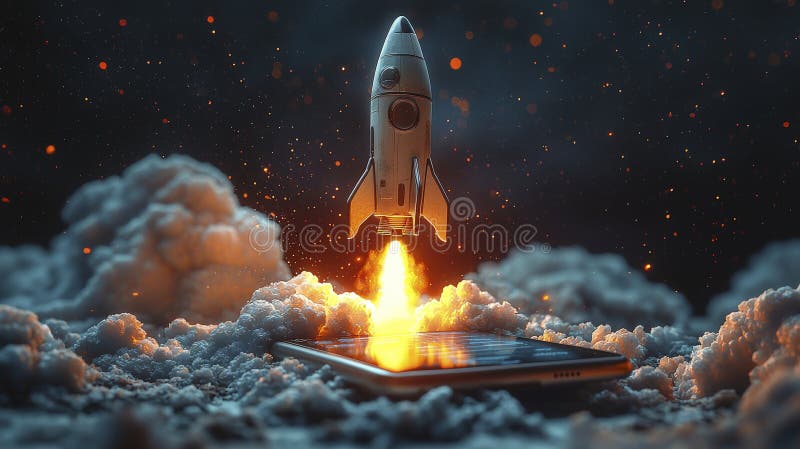 Rocket Launching from Phone Surrounded by Fire Stock Illustration ...