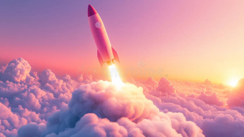 Rocket Launching through Pink Clouds in a Vibrant Sunset Sky, Vivid ...