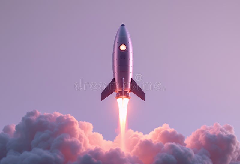 Rocket Launching into a Pink Sky Over Fluffy Clouds with Bright Flames ...