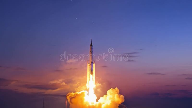 Powerful Rocket Launch into Space, Fiery Exhaust Trail, Against a ...