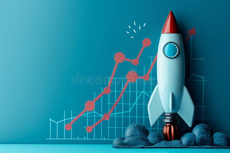 Rocket Launching with Red Arrow and Chart Showing Growth on Blue ...