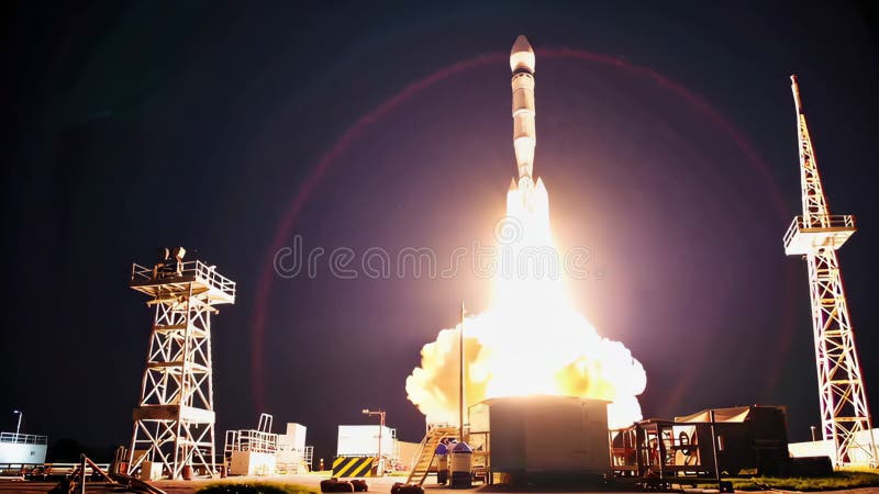 Night Launch of a Rocket Illuminating the Dark Sky Stock Footage ...