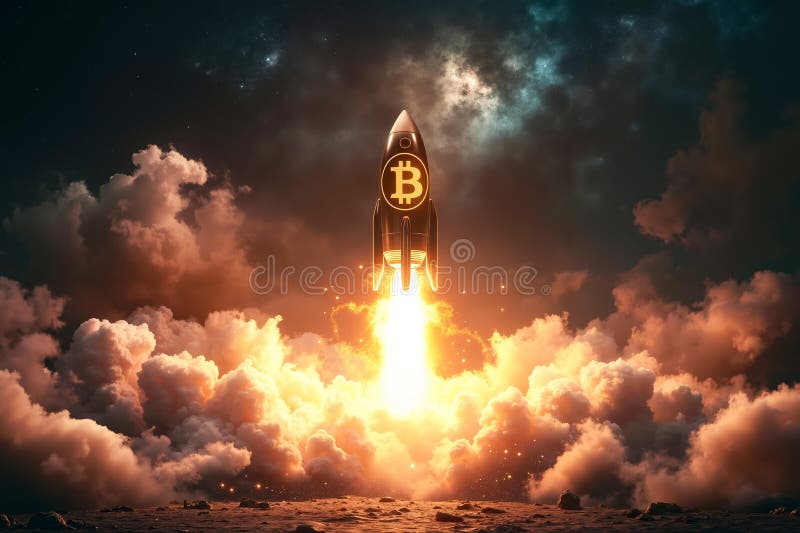 A Rocket Launching into the Sky with a Bit Coin on Top of it Stock ...