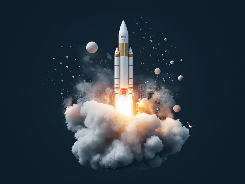 Rocket Launching into the Sky with Bright Fiery Exhaust Stock ...