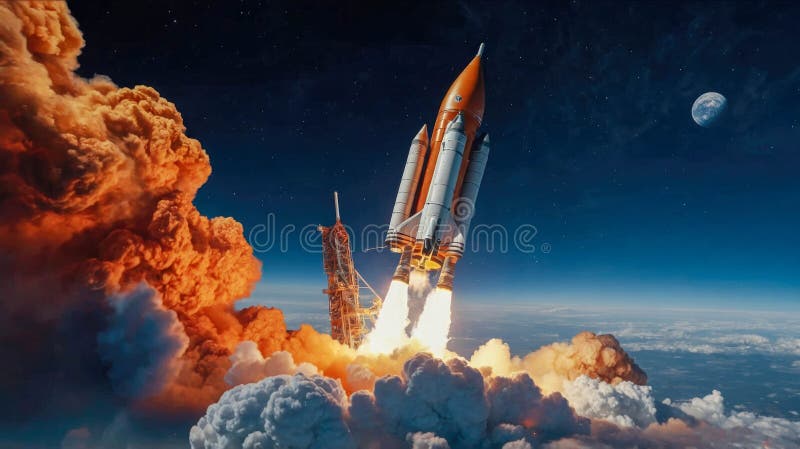 A Rocket Launching into the Sky with Bright Orange Flames, Representing ...