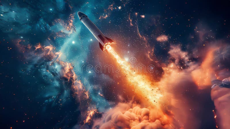 A Rocket Launching into the Sky with Bright Orange Flames, Representing ...