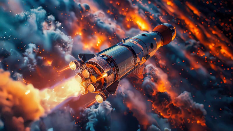 A Rocket Launching into the Sky with Bright Orange Flames, Representing ...