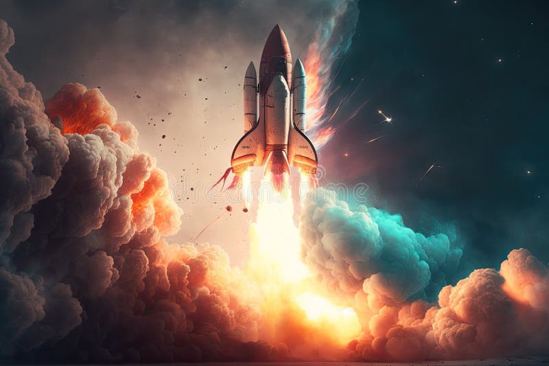 Rocket Launching into the Sky with a Burst of Flames and Smoke Stock ...
