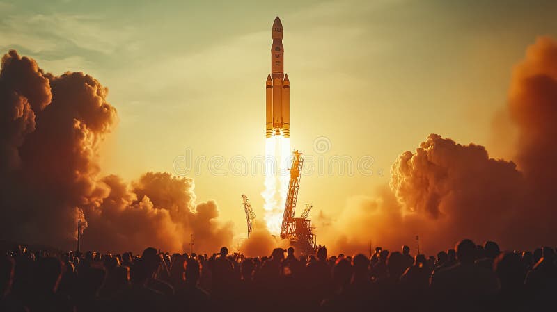 Rocket is Launching into the Sky with a Crowd of People Watching Stock ...