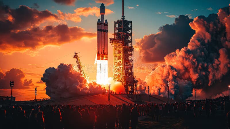 Rocket is Launching into the Sky with a Crowd of People Watching Stock ...