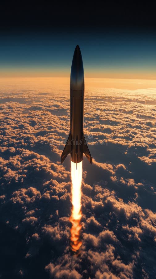 Rocket Launching into the Sky with Powerful Flames and Clouds Below at ...