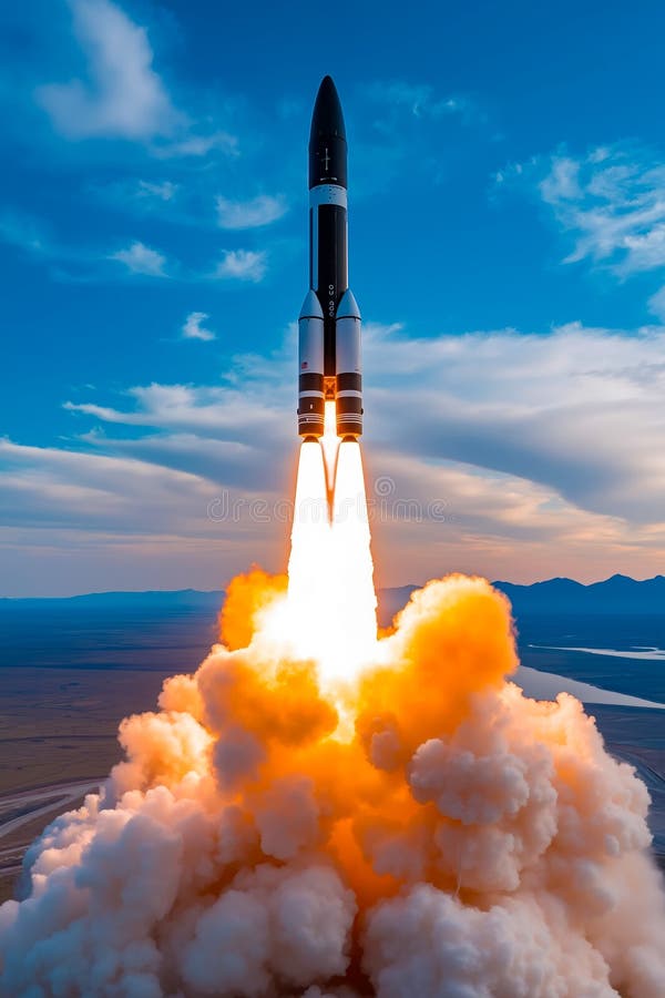 A Rocket Launching into the Sky with Smoke Coming Out of it Stock Photo ...