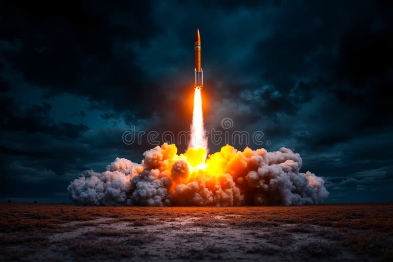 A Rocket Launching into the Sky with Smoke Coming Out of it Stock Image ...