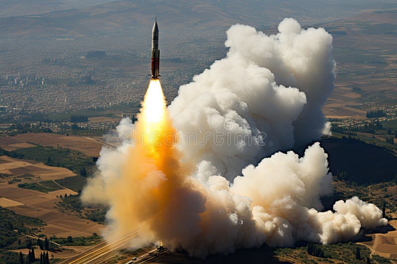 A Rocket Launching into the Sky with Smoke and Fire Stock Illustration ...