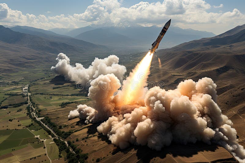 A Rocket Launching into the Sky with Smoke and Fire Stock Illustration ...