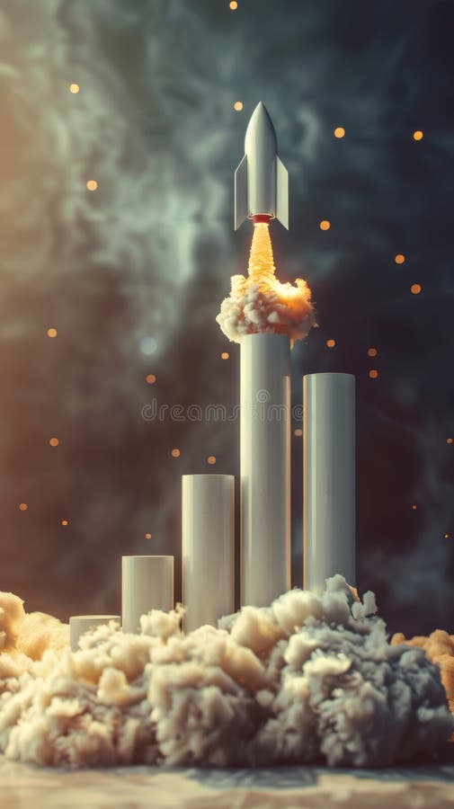 Rocket Launching into the Sky with Smoke and Glowing Particles Stock ...