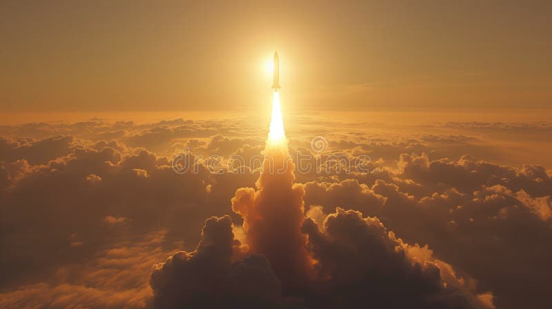 Rocket Launching into Sky with Sun Backdrop Stock Illustration ...