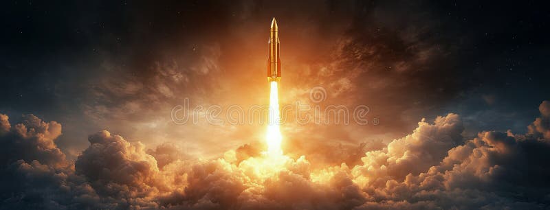 Rocket Launching into the Sky at Sunset with Clouds and Glowing Exhaust ...