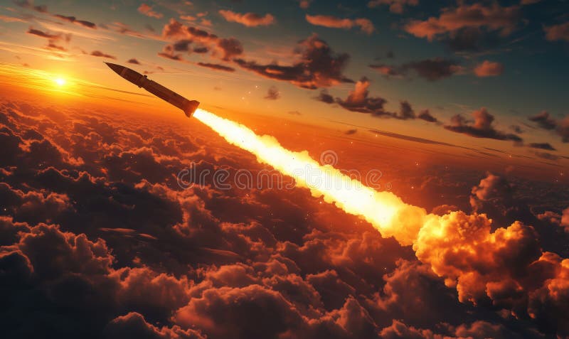 Rocket Launching Sky Sunset Dramatic Clouds Fiery Exhaust Trail Stock Photos - Free & Royalty ...