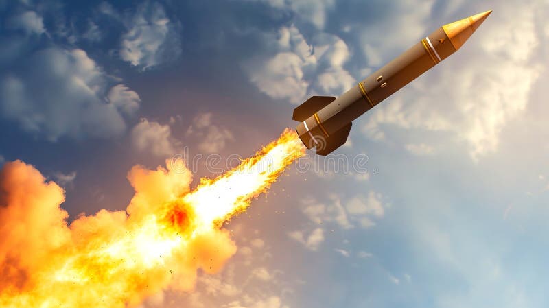 Rocket Launching into the Sky Surrounded by Clouds and Fire Concept of ...