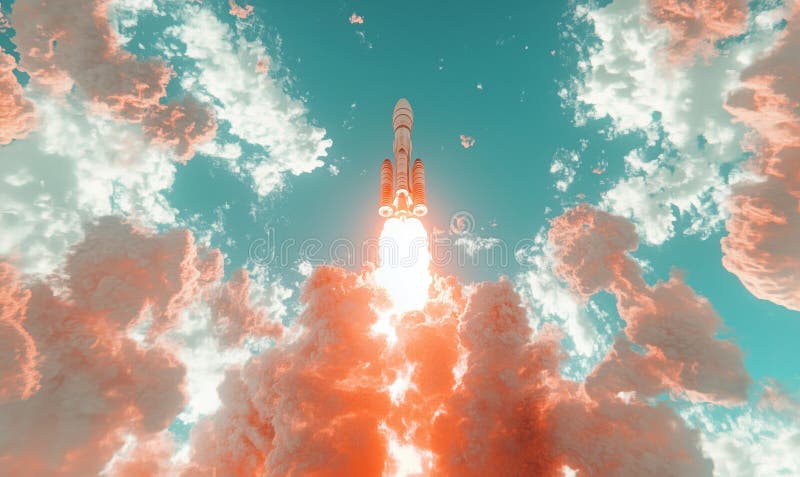 Rocket Launching into Sky Surrounded by Colorful Clouds and Bright Flames Stock Image - Image of ...