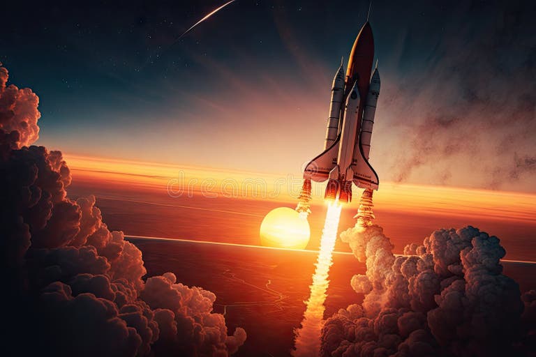 Rocket Launching into the Sky, with View of the Sun Setting Over ...