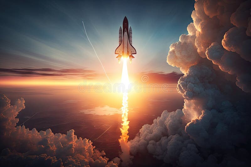 Rocket Launching into the Sky, with View of the Sun Setting Over ...