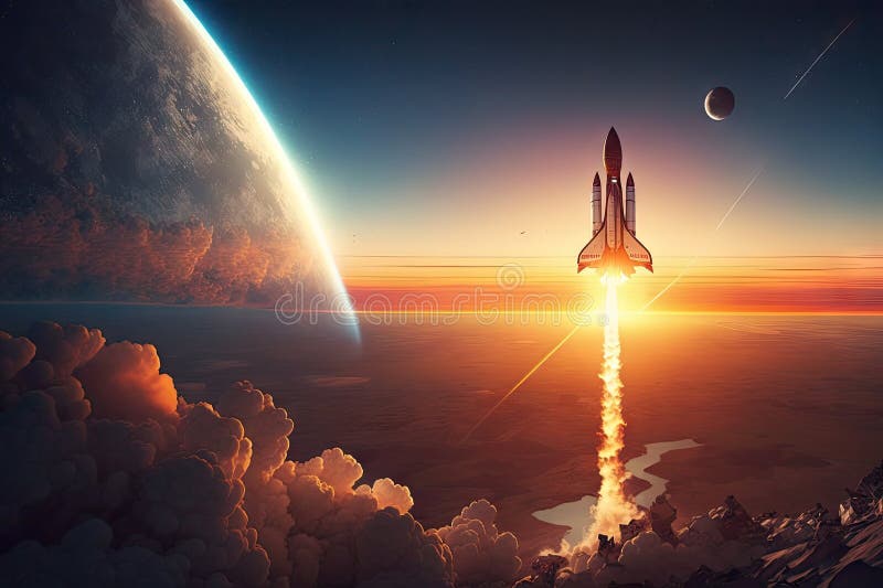 Rocket Launching into the Sky, with View of the Sun Setting Over ...