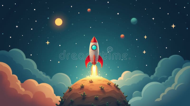 Rocket Launching from Small Planet Surface with Glowing Stars and ...