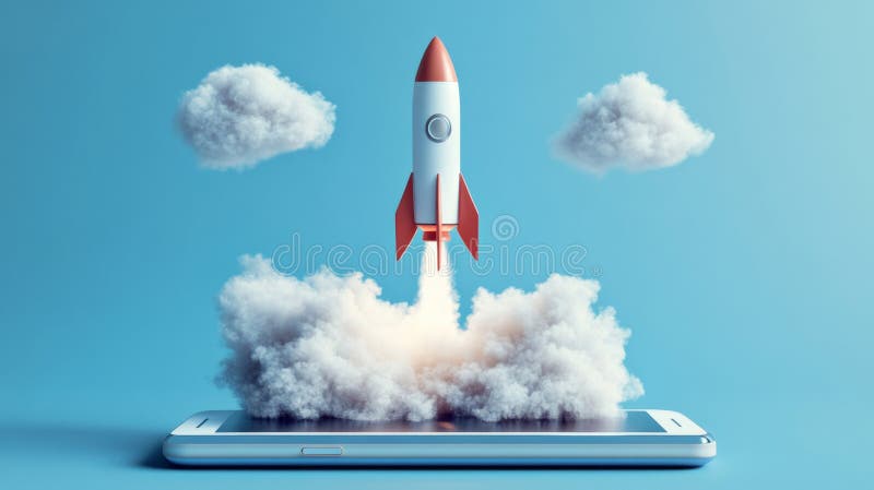 Rocket Launching from a Smartphone with Clouds Illustrating Mobile ...