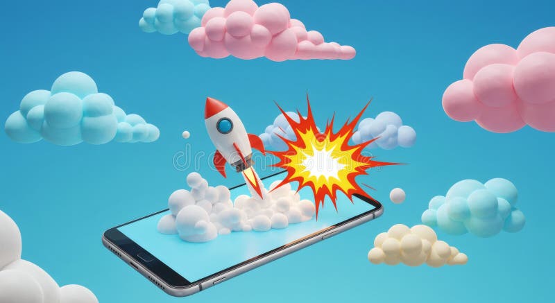 Rocket Launching from Smartphone Screen with Clouds and Explosion ...