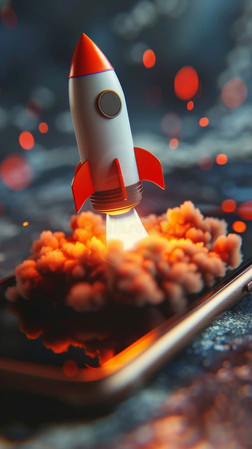 Rocket Launching from Smartphone Screen with Smoke and Orange Lights ...