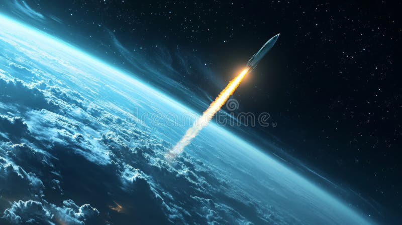 Rocket Launching into Space Above Earth with Bright Flames and Clouds ...