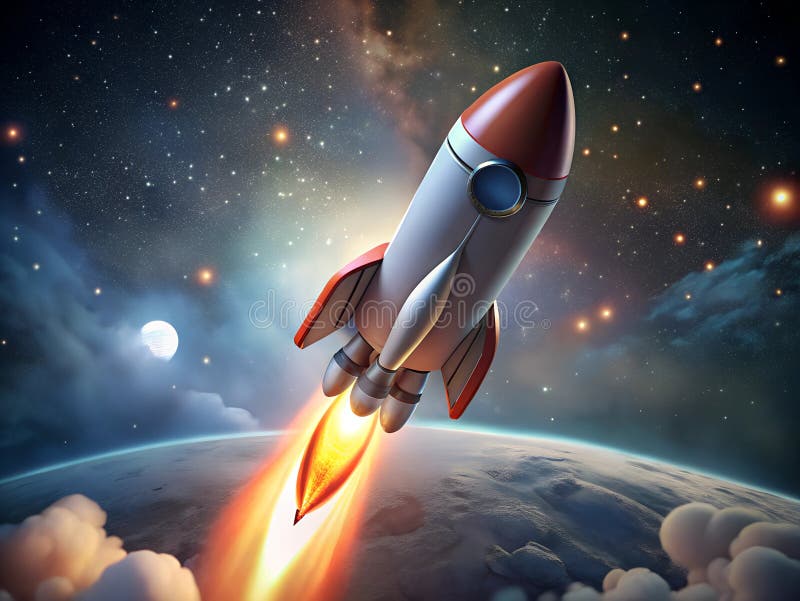 Rocket Launching into Space Against a Starry Backdrop with Planet in ...