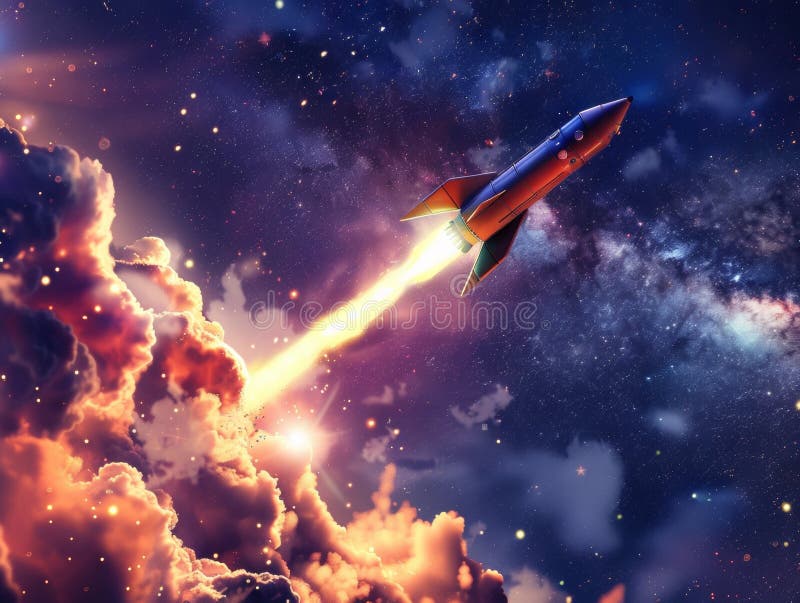 Rocket Launching into Space with Blazing Boosters, Surrounded by Stars ...