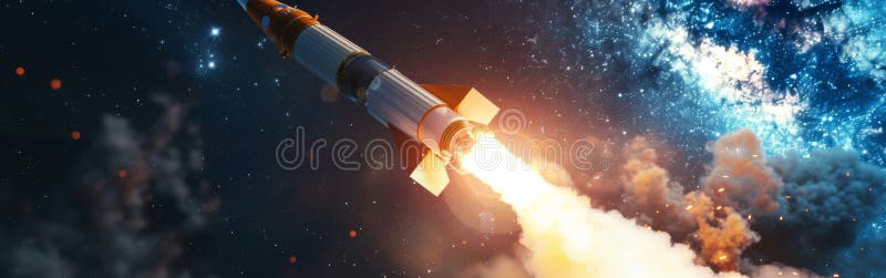 Rocket Launching into Space with Blazing Boosters, Surrounded by Stars ...