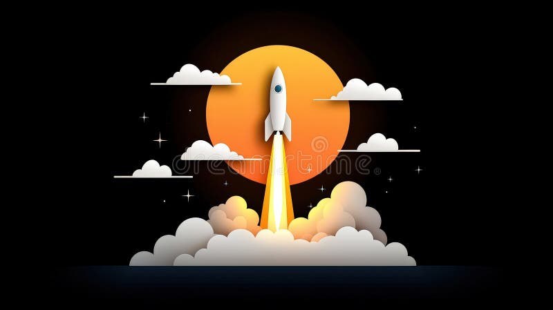 Rocket Launching into Space with Colorful Clouds and Vibrant Sun in a ...